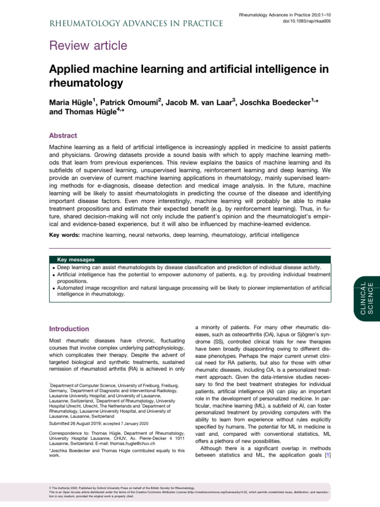 Applied Machine Learning and Artificial Intelligence in Rheumatology | PDF | Machine Learning ...