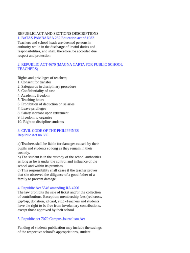 LIst of Laws Releveant To The Teaching Profession | PDF | Schools ...