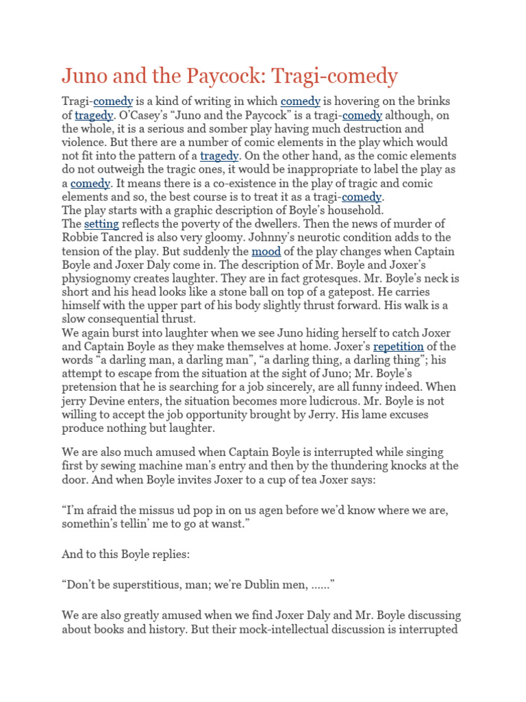 Juno and The Paycock A Tragicomedy | PDF | Comedy | Subgenres