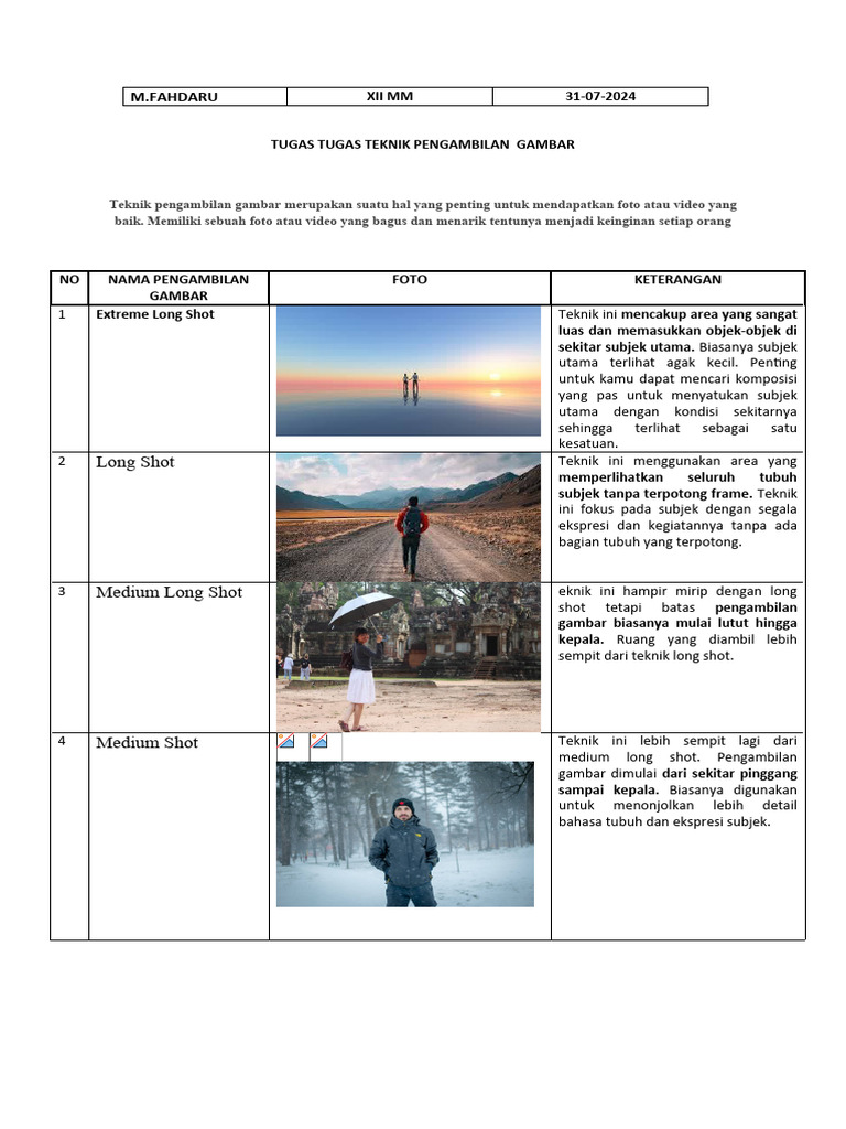Tugas Teknik Pengambilan Gambar Daru KLS Xii | PDF