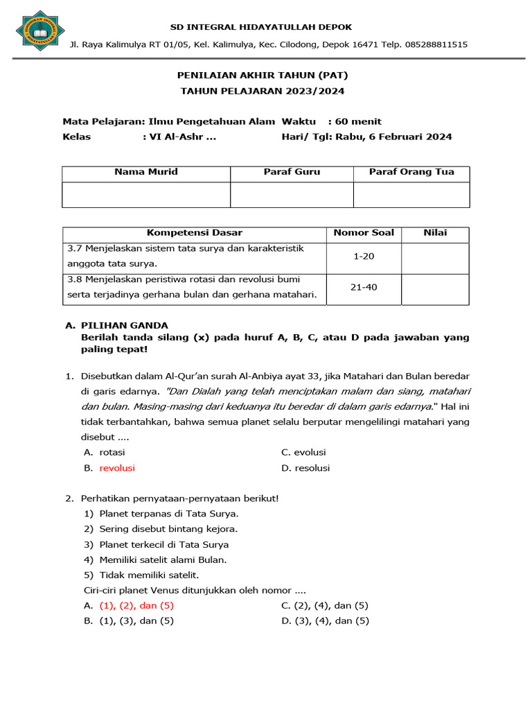 SOAL PAT IPA Kelas 6 TP 2023-2024 | PDF