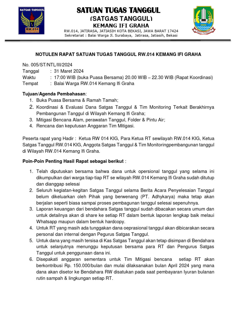 Notulen Rapat Satgas Tanggul RW.14 31 Maret 2024 Dengan Pengurus RT 1 ...