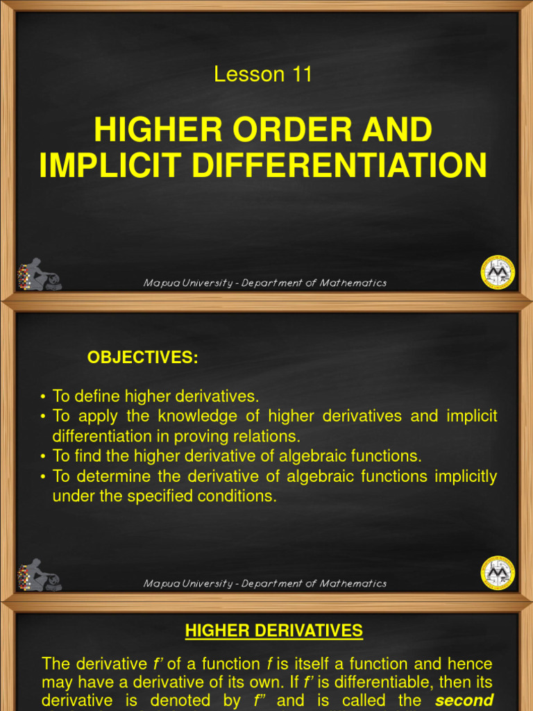 Lesson 11 Higher Order and Implicit Differentiations | PDF | Derivative | Function (Mathematics)