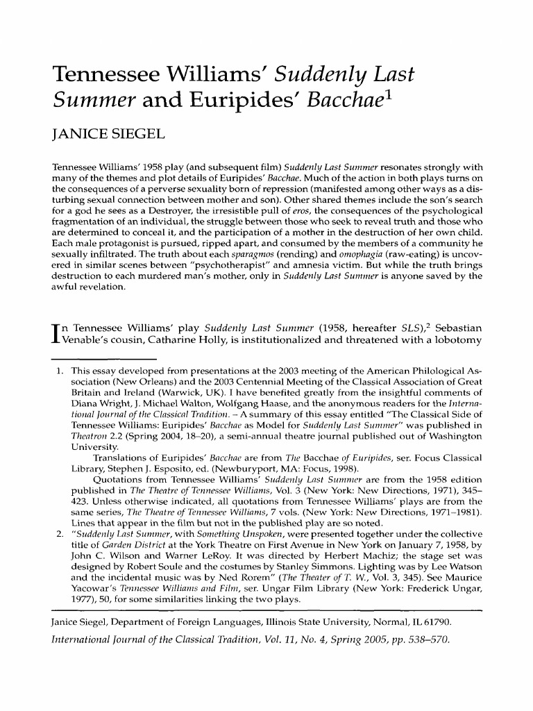 Williams' Suddenly Last Summer & Bacchae | PDF | Art | Classics
