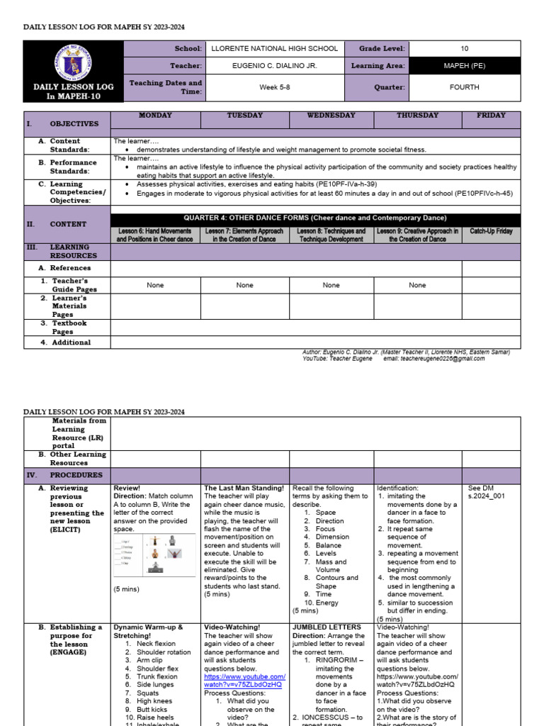 Q4 DLL-MAPEH 10 - PE-Wk5-8 | PDF | Dances | Anatomical Terms Of Motion