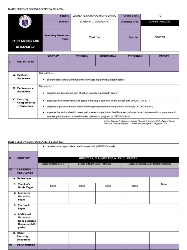 Q4 DLL-MAPEH 10 - Health-Wk1-4 | PDF | Medical Diagnosis | Health Care