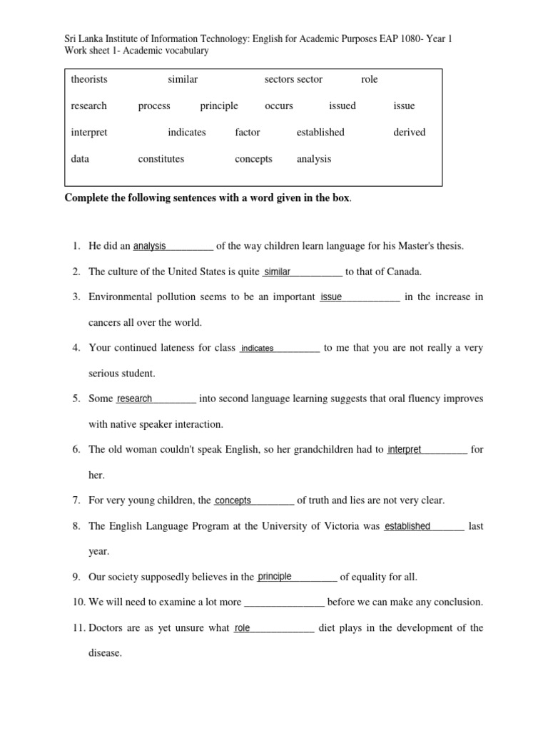 Academic Vocabulary Worksheet | PDF | Vocabulary | Second Language