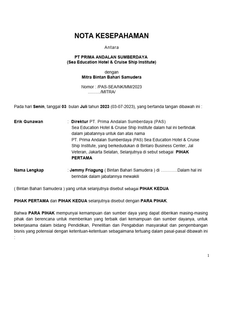 NOTA KESEPAHAMAN SEA EDU-Mitra KPL Pesiar | PDF