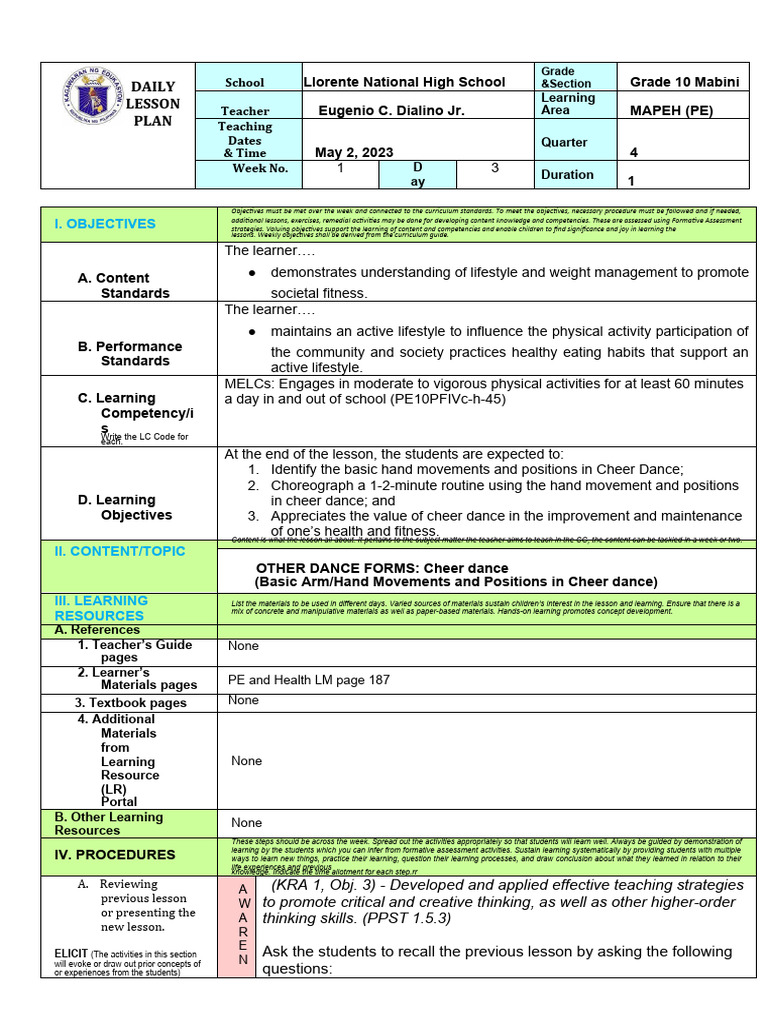 Cheer Dance Lesson Plan for Grade 10 | PDF | Learning | Educational ...