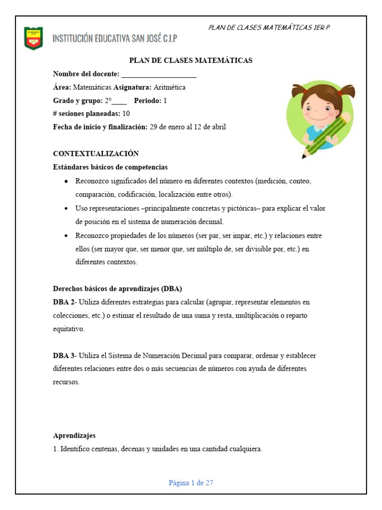 Plan de Clases Matemáticas 1er P | PDF | Números | Conjunto (Matemáticas)