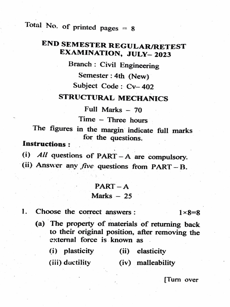 Structural Material 2023 4th Sem Pdf Bending Beam Structure