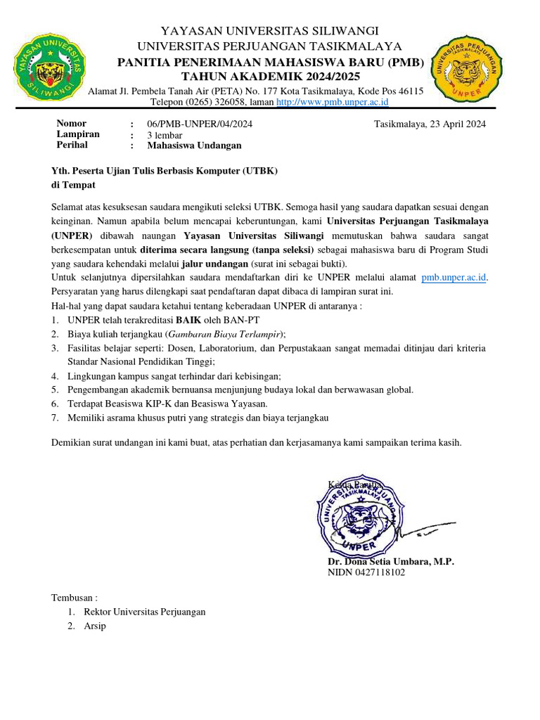 Undangan Masuk UNPER Tanpa Seleksi | PDF