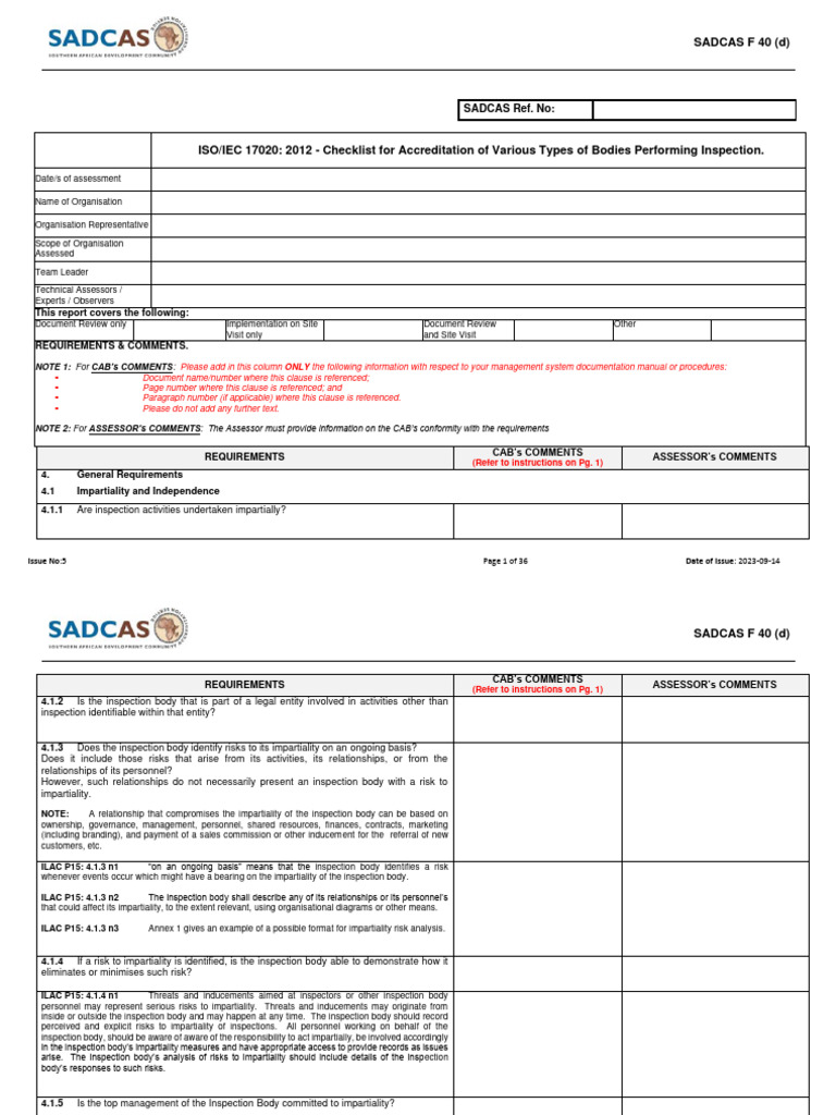 SADCAS F 40d - Checklist ISO IEC 17020 - 2012 - Checklist For Accreditation of Various Types of ...