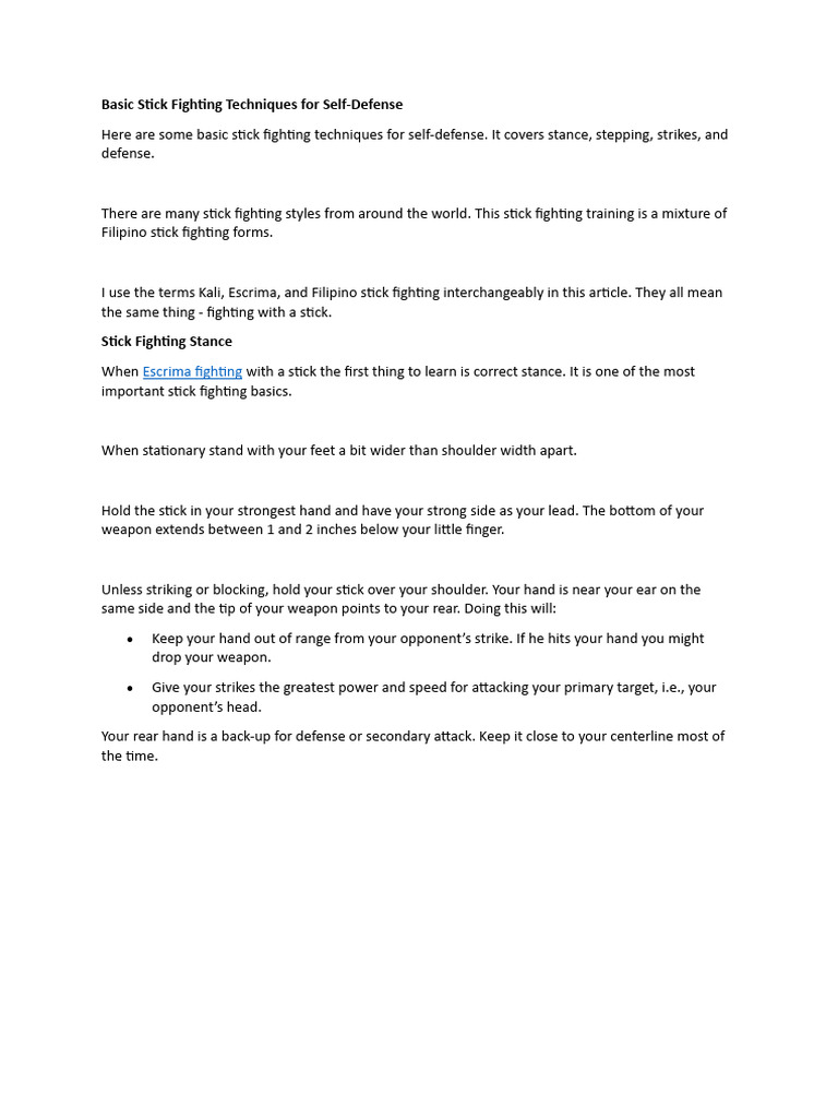 Basic Stick Fighting Techniques For Self | PDF | Individual Sports