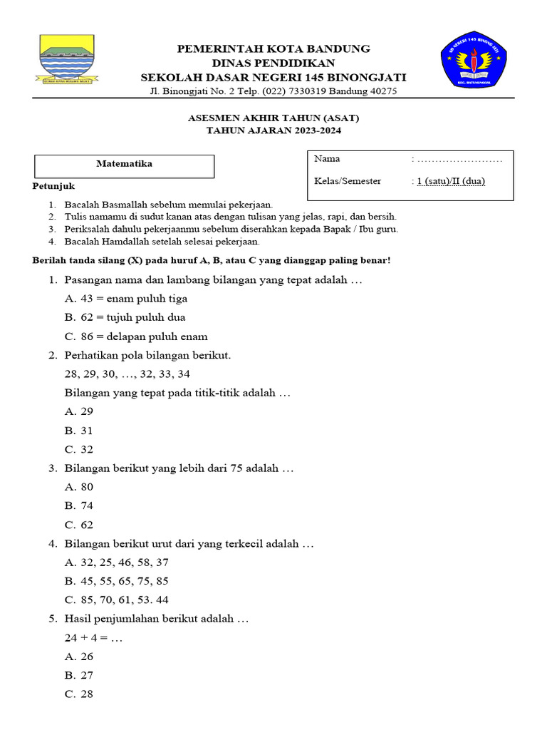 Soal Asat MTK Kelas 1 | PDF