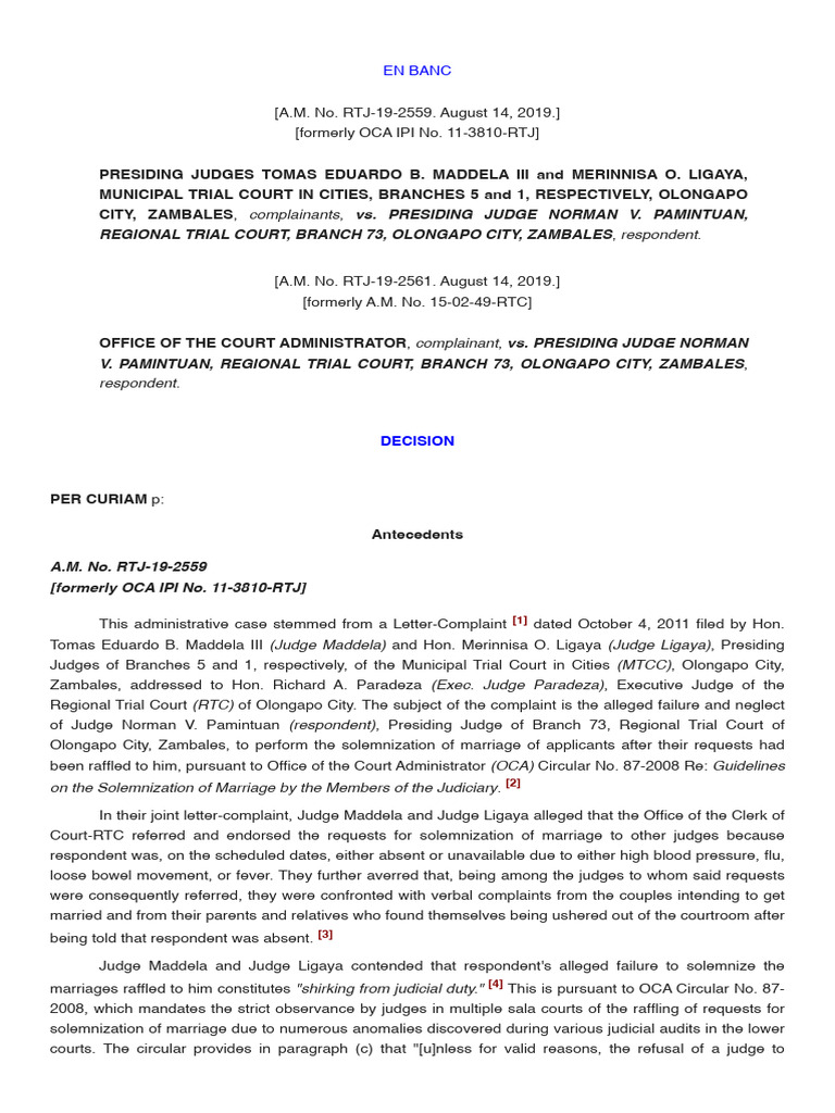 (5.19) A.M. Nos. RTJ-19-2559 & RTJ-19-2561 - Maddela III v. Pamintuan | PDF | Judiciaries | Hearsay