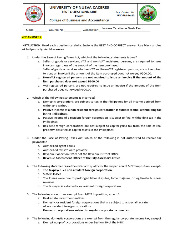 Income Taxation Exam Key Answers | PDF | Tax Deduction | Expense