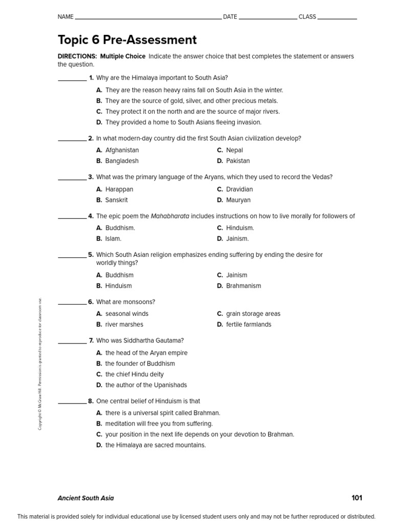 Pre Assessment | PDF | South Asia | Brahman