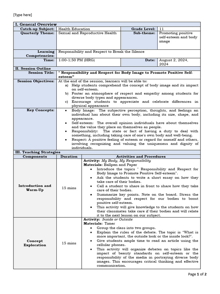 Teaching Guide Catchup HRG Grade 11 | PDF | Self Esteem | Body Image