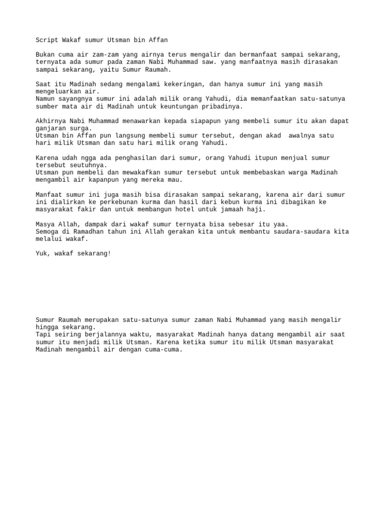 Script Wakaf Sumur Utsman Bin Affan | PDF
