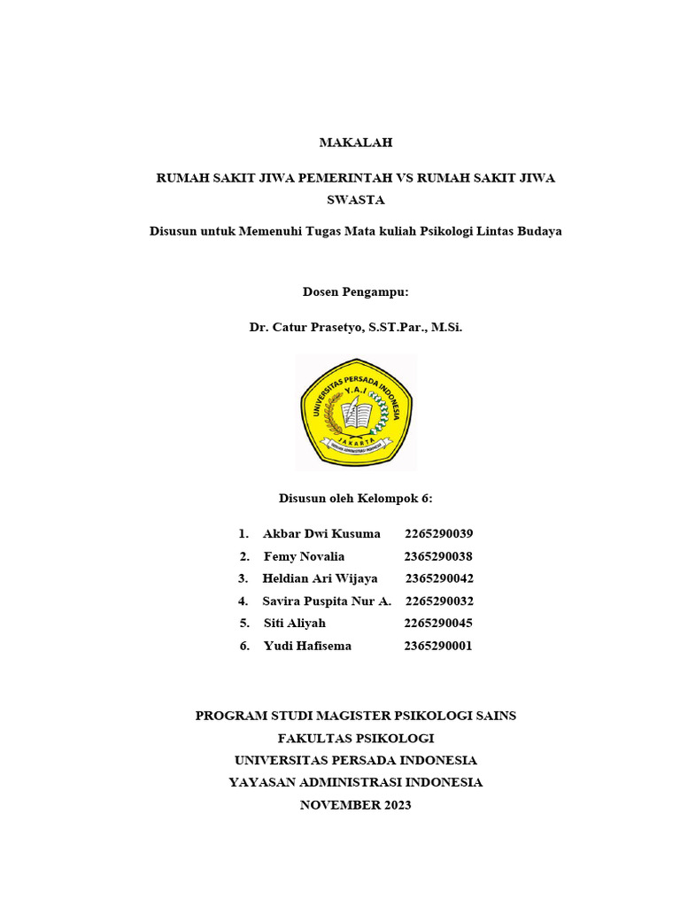 Kelompok 6 - RSJ Pemerintah VS RSJ Swasta - Psikologi Lintas Budaya2 | PDF | Sains & Matematika