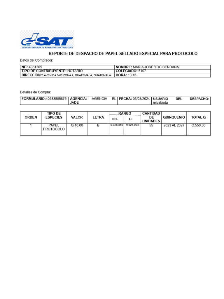 Reporte de Despacho de Papel Sellado Especial para Protocolo | PDF