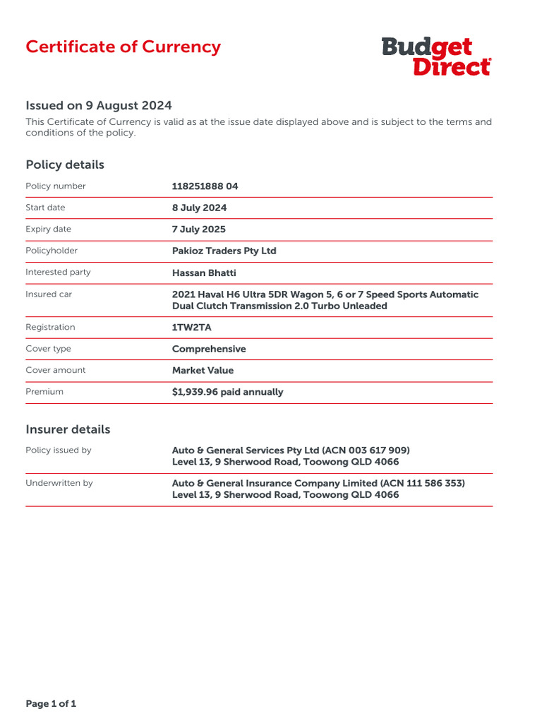 Comprehensive Car Insurance Certificate | PDF