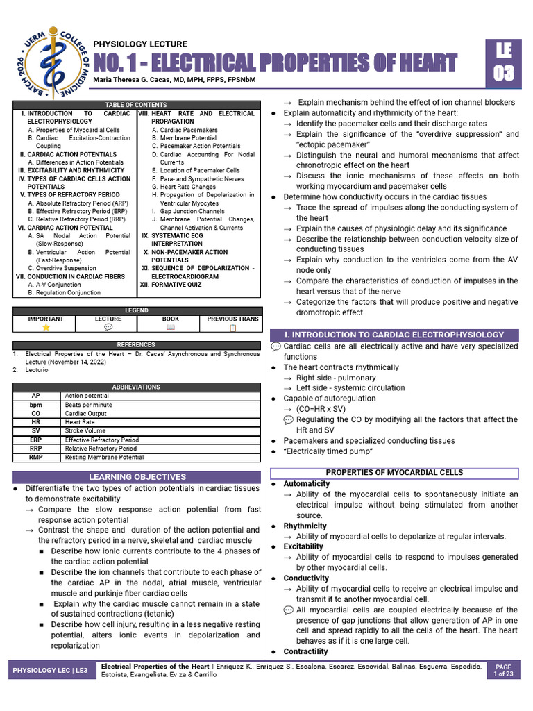 (PHY LEC - LE3) 1 - Electrical Properties of The Heart (V1) | PDF | Cardiac Muscle | Action ...
