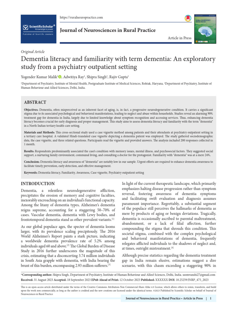 Dementia Literacy and Familiarity With Term Dementia - An Exploratory ...
