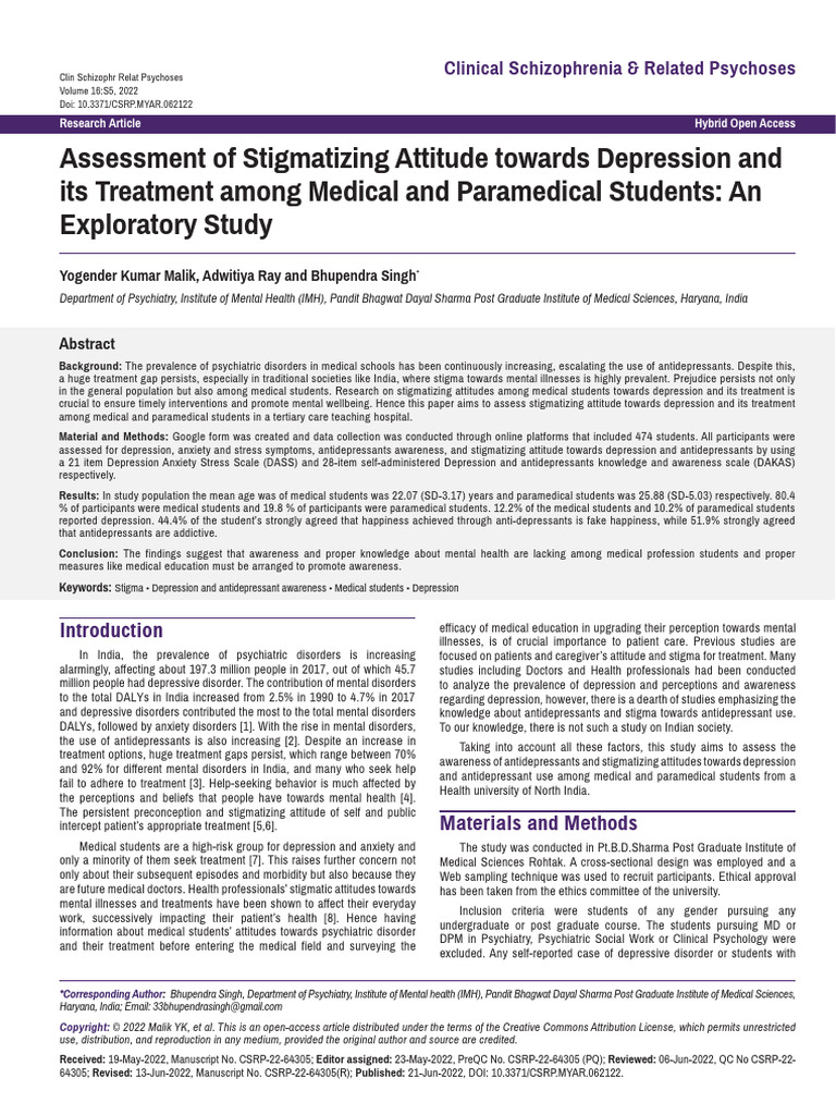 Assessment of Stigmatizing Attitude Towards Depression and Its ...