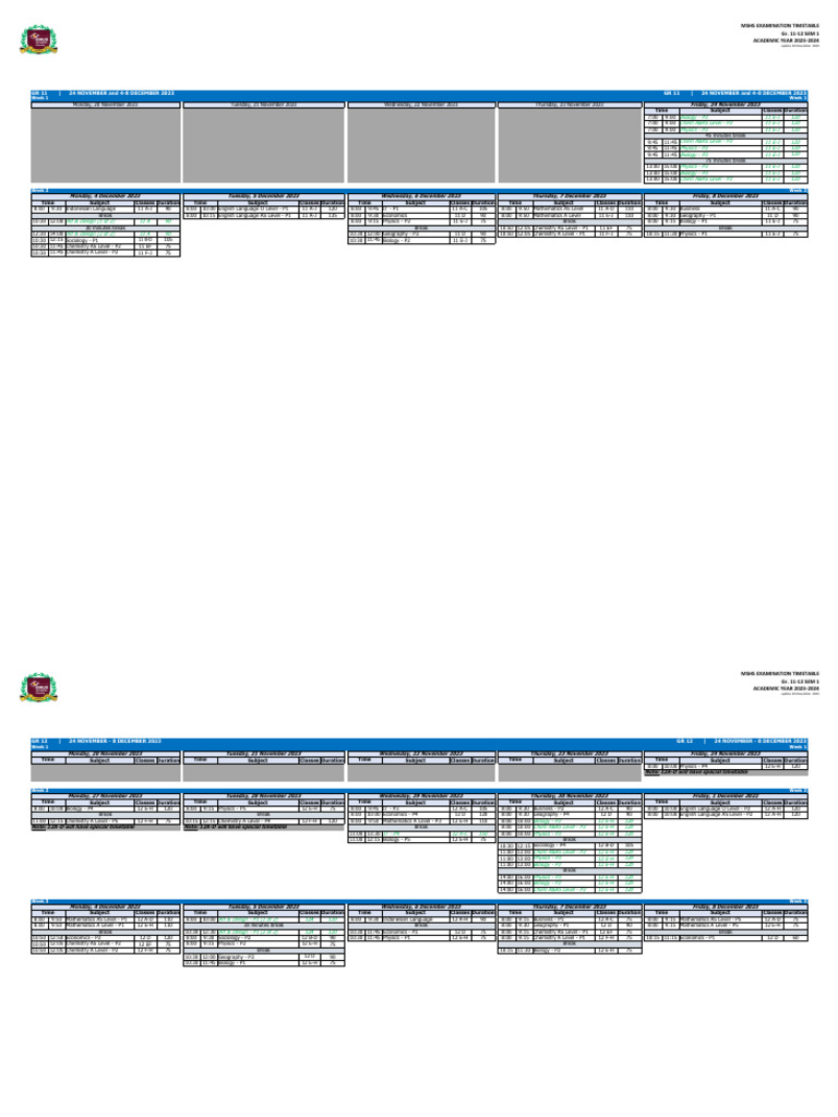 Gr.11-12 SEM1 Exam Timetable AY 23-24 REV2 | PDF | Natural Sciences