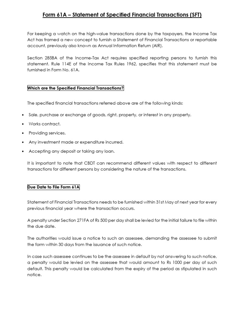 Form 61A - Statement of Specified Financial Transactions (SFT) | PDF ...