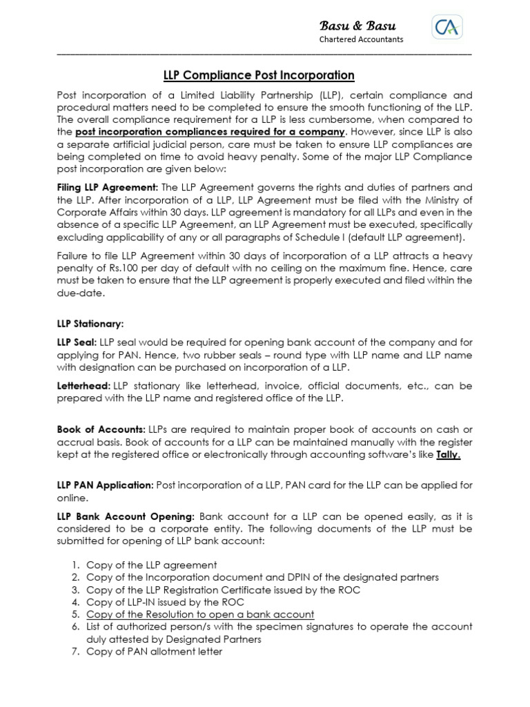 LLP Compliance Post Incorporation | PDF | Limited Liability Partnership ...