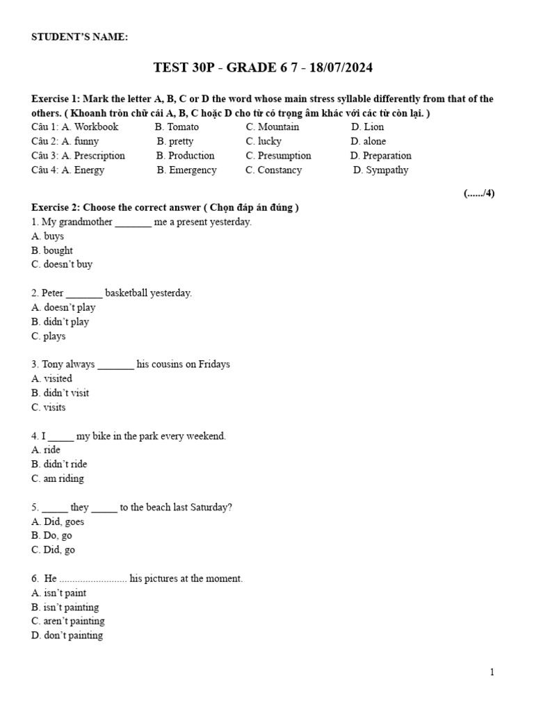 Test 30P Grade 6 7 18 07 2024 PDF Language Arts Discipline