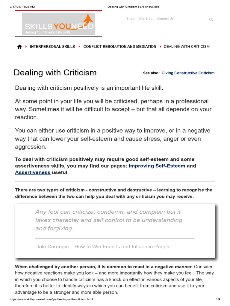 Dealing With Criticism - SkillsYouNeed Mba | PDF | Anger | Self Esteem