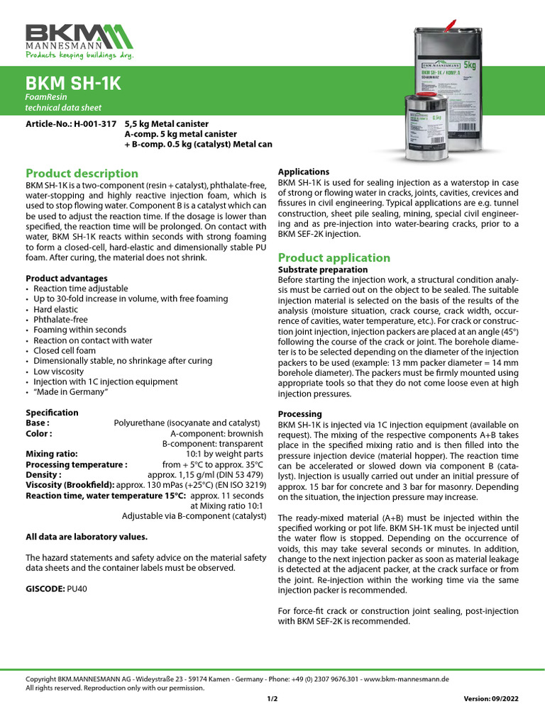 TDS - BKM SH-1K - en | PDF | Foam | Polyurethane