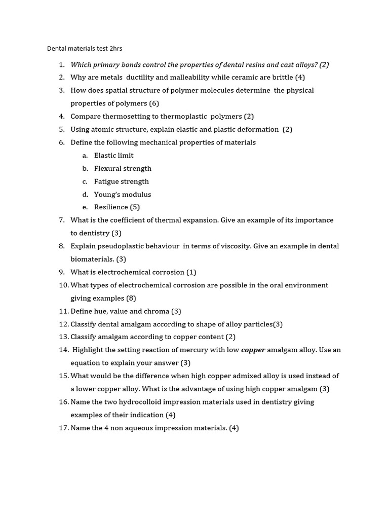 Dental Materials Test | PDF | Teaching Methods & Materials | Science ...