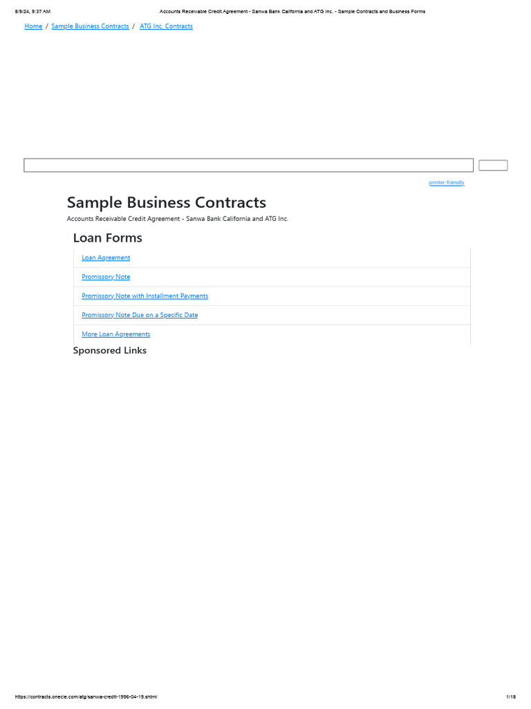 Accounts Receivable Credit Agreement - Sanwa Bank California and ATG ...