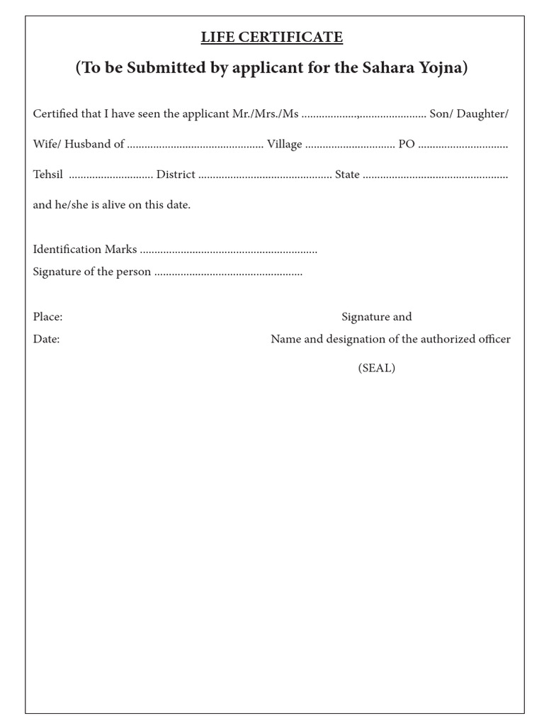 Sahara Yojna Life Certificate | PDF