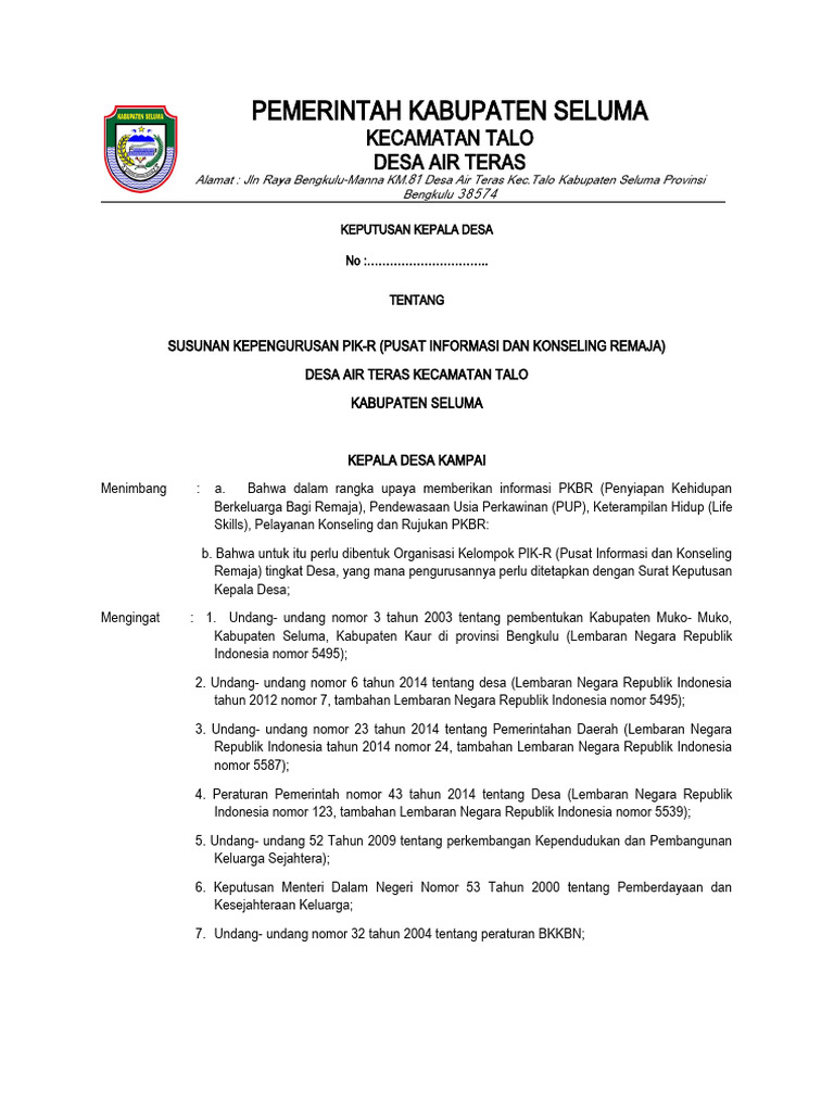 Susunan Pengurus PIK-R Desa Air Teras | PDF