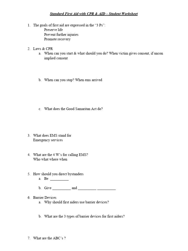 Standard First Aid With CPR & AID - Student Worksheet | PDF | First Aid ...