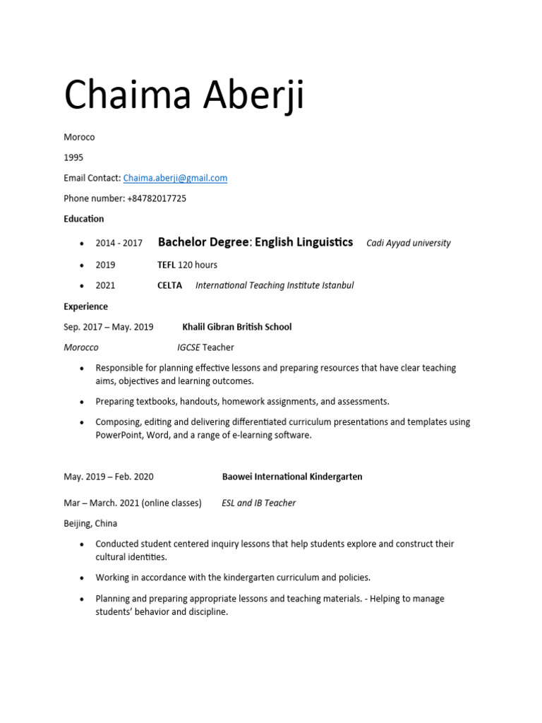 Chaima Aberji: English Teacher Profile | PDF | Career & Growth