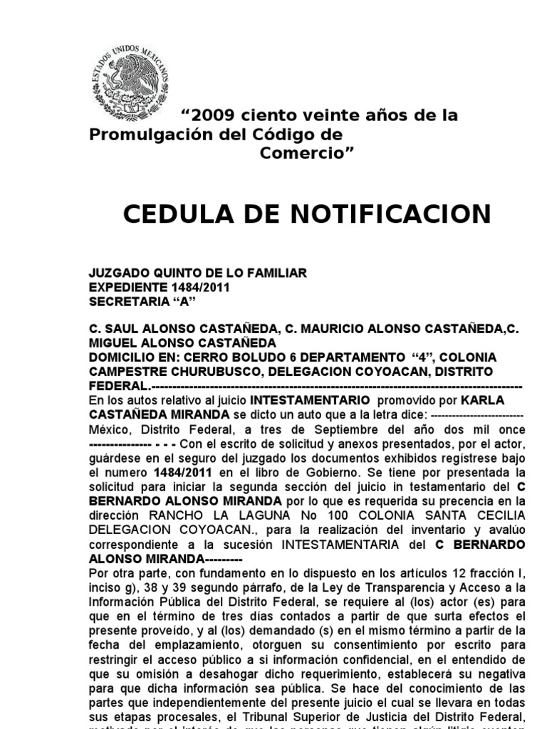 Cedula de Notificacion Intest Cedula de Notificacion Intest