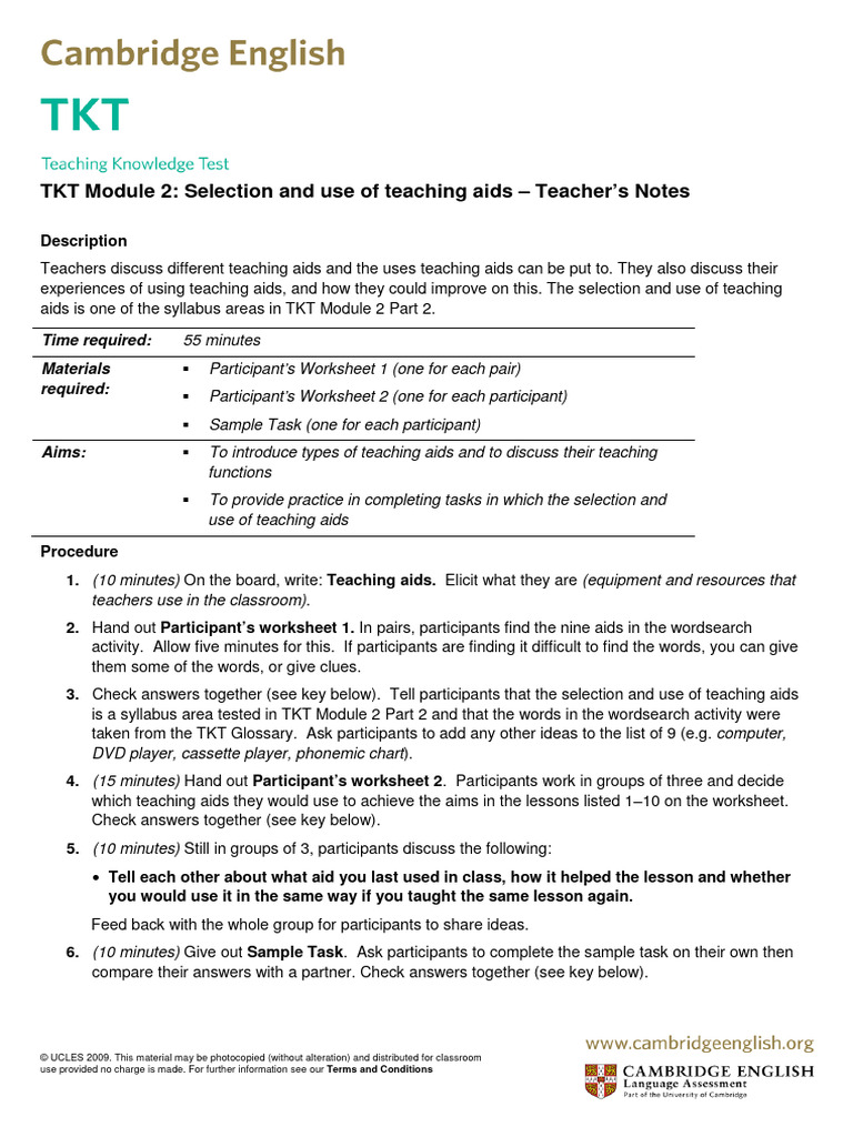TKT Module 2 Selection and Use of Teaching Aids | PDF | Teachers | Learning