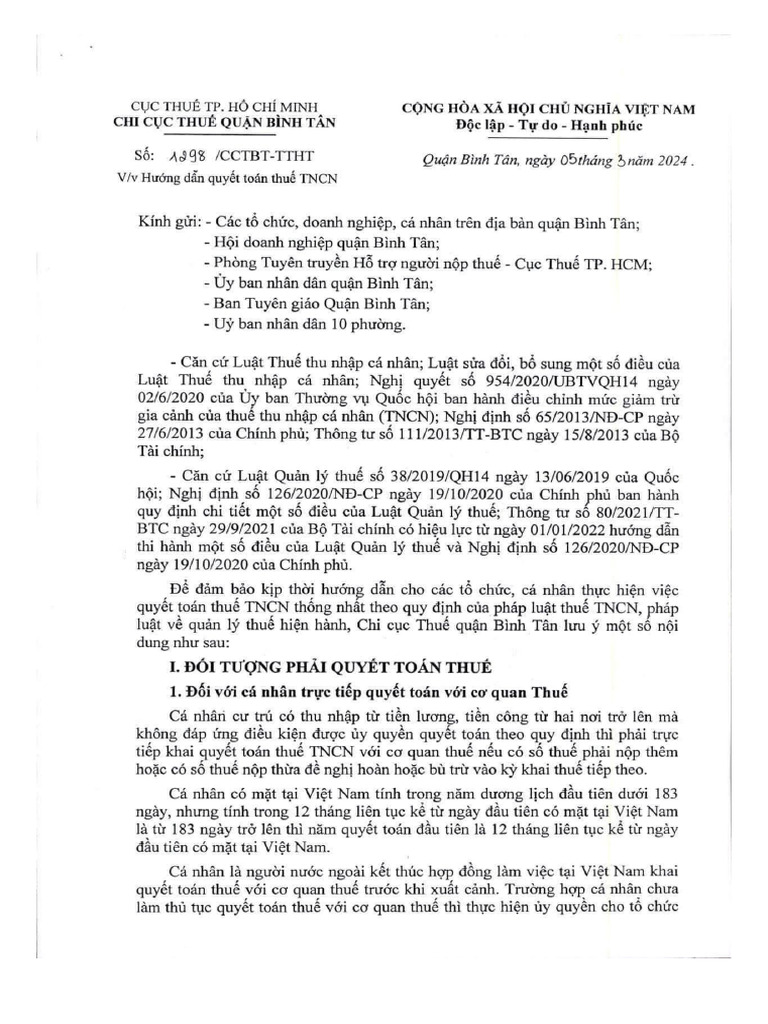 CV 1298-2024 - Huong Dan QT Thue TNCN | PDF