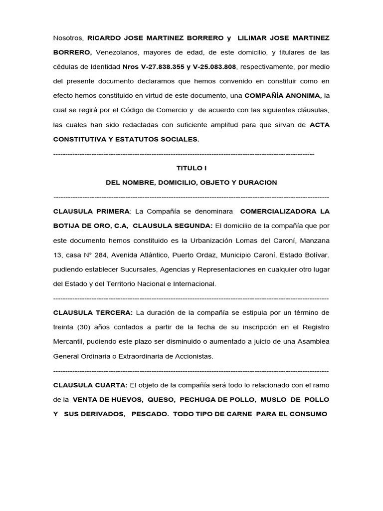 Acta Constitutiva Comercializadora La Botija de Oro, C.A | PDF ...