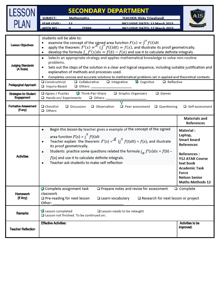 Lesson Plan T1 Week 9 Y12 13 - 17 Mar 2023 | PDF | Mathematics ...