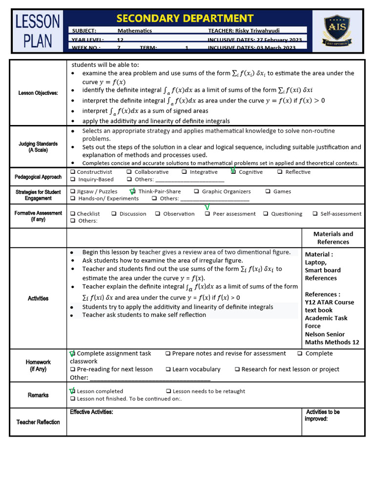 Lesson Plan T1 Week 7 Y12 27 Feb - 03 Mar 2023 | PDF | Inquiry Based Learning | Cognition