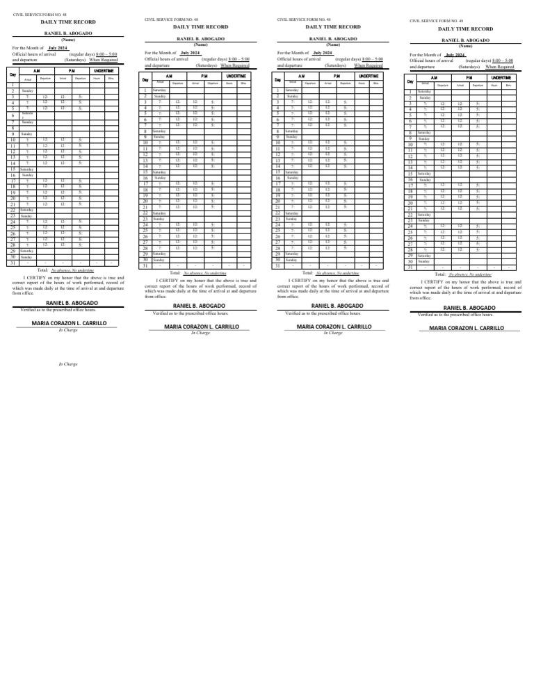 July 2024 Daily Time Record Form | PDF
