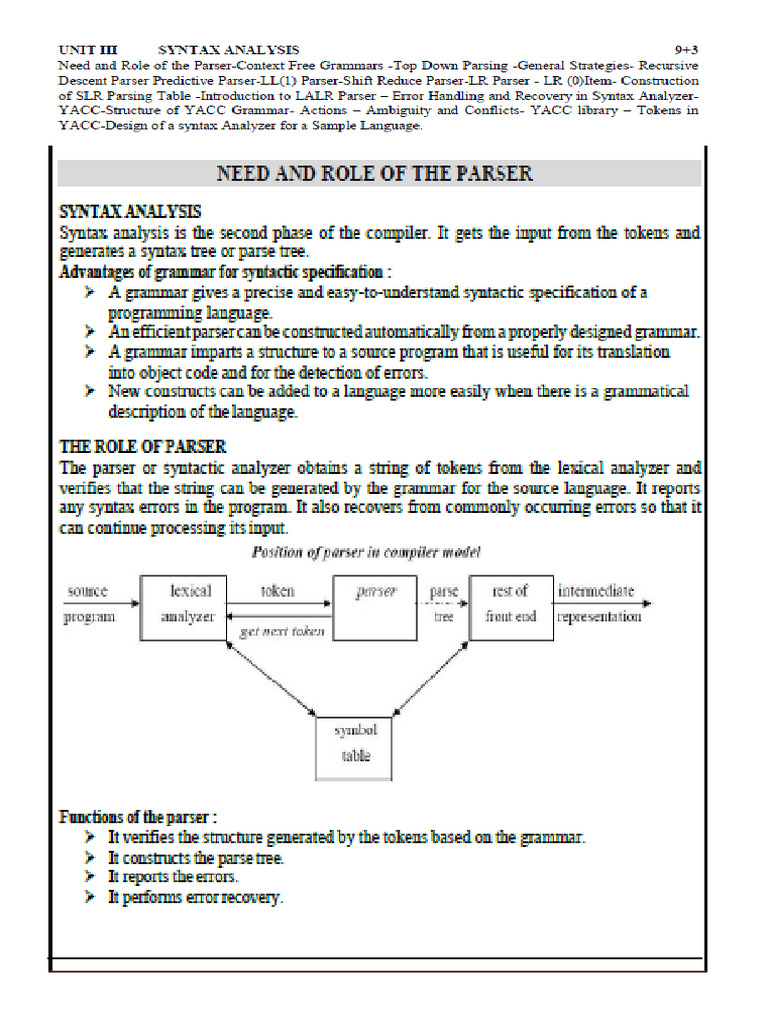 Unit-3-Parser Basics, Need and Role of Parser | PDF | Mathematical Logic | Language Mechanics